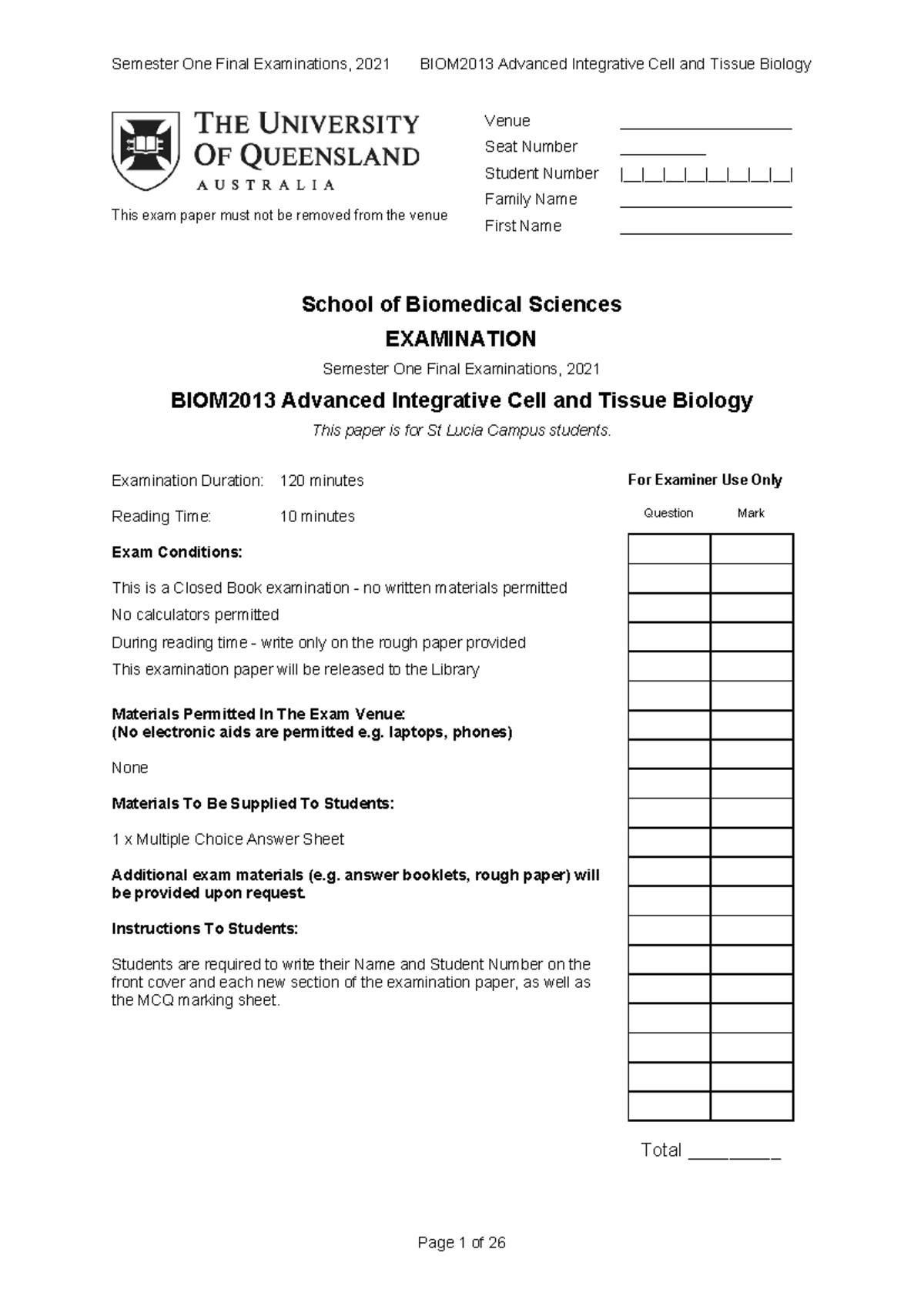 Semester One Final Exam 2021: BIOM2013 Advanced Integrative Cell ...