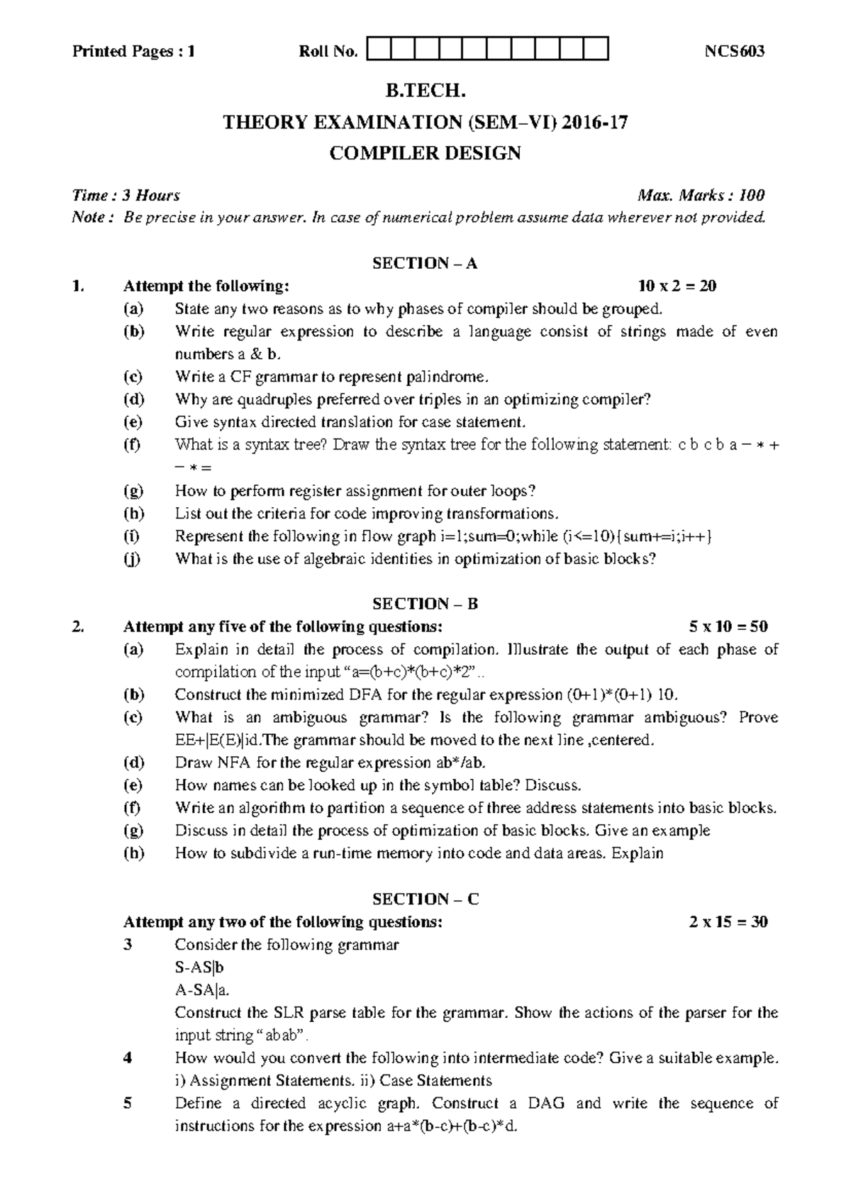 Compiler Design NCS603 2016-17 AKTU Theory Exam Question Paper - Studocu