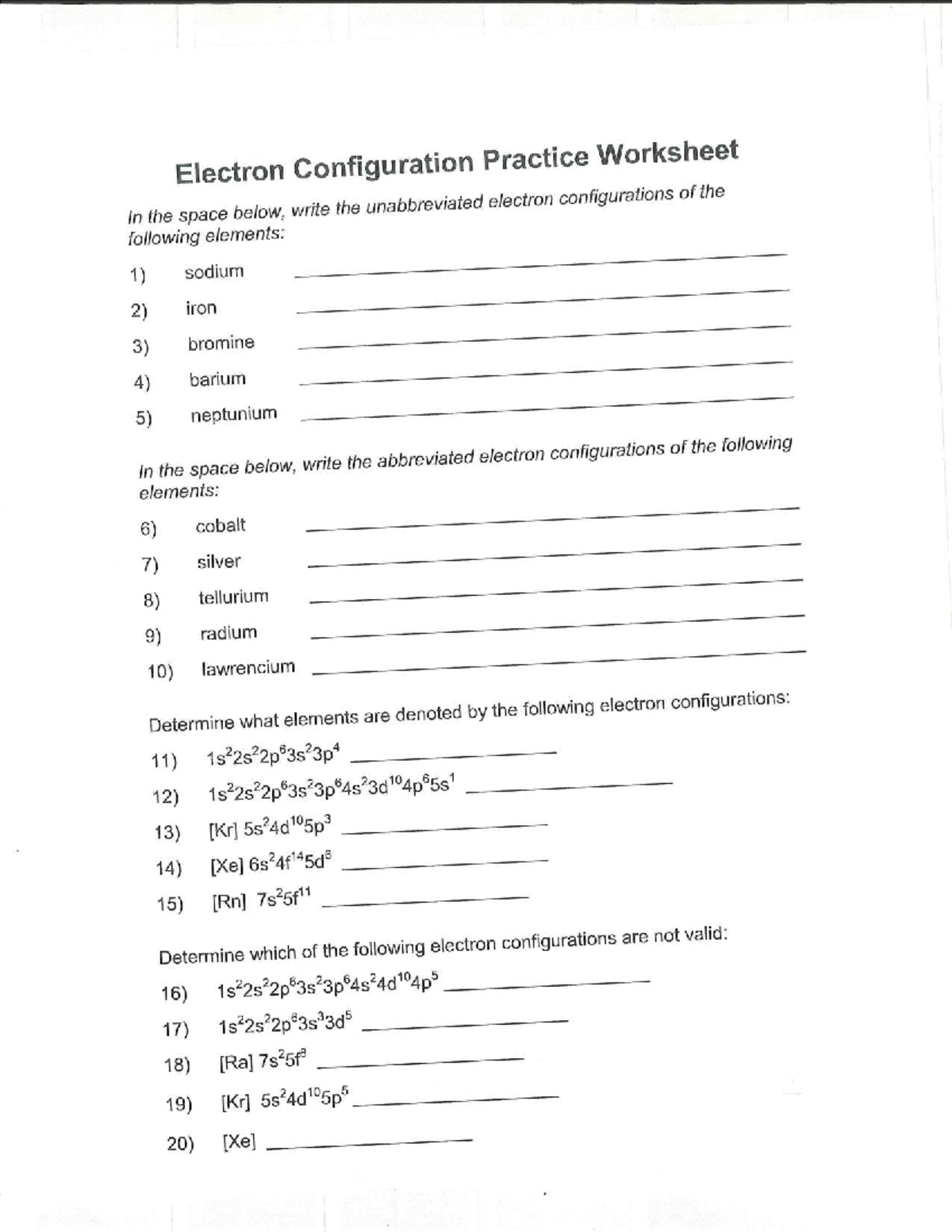Electron Configuration Practice Worksheet (Chem 101) - Studocu