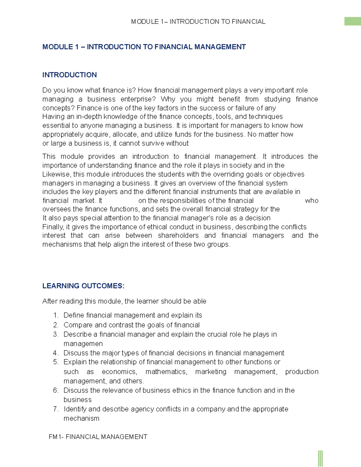 Module 1 - Introduction to Financial Management - MODULE 1 ...