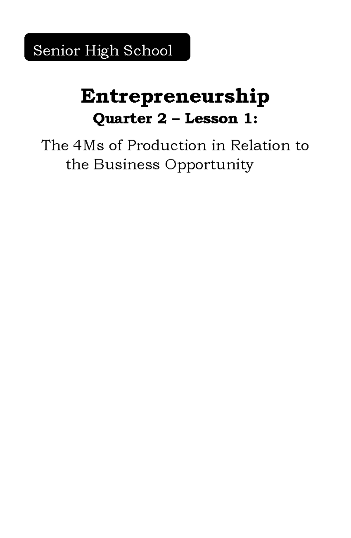 Entrepreneurship Q2 Lesson 1: Understanding the 4Ms of Production - Studocu