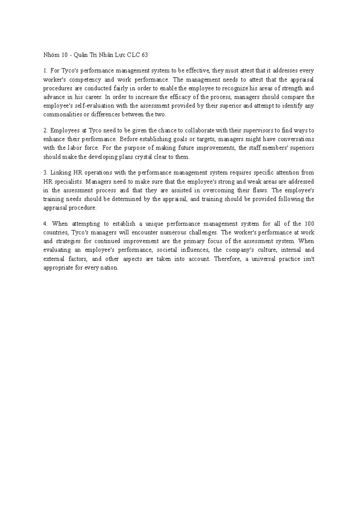 Tyco Case Study on HR Performance Management - Group 10 CLC 63 - Studocu