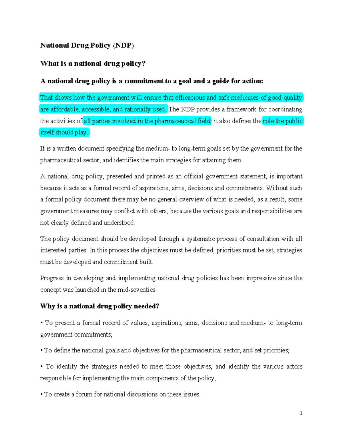 National Drug Policy (NDP): Framework and Objectives Overview - Studocu