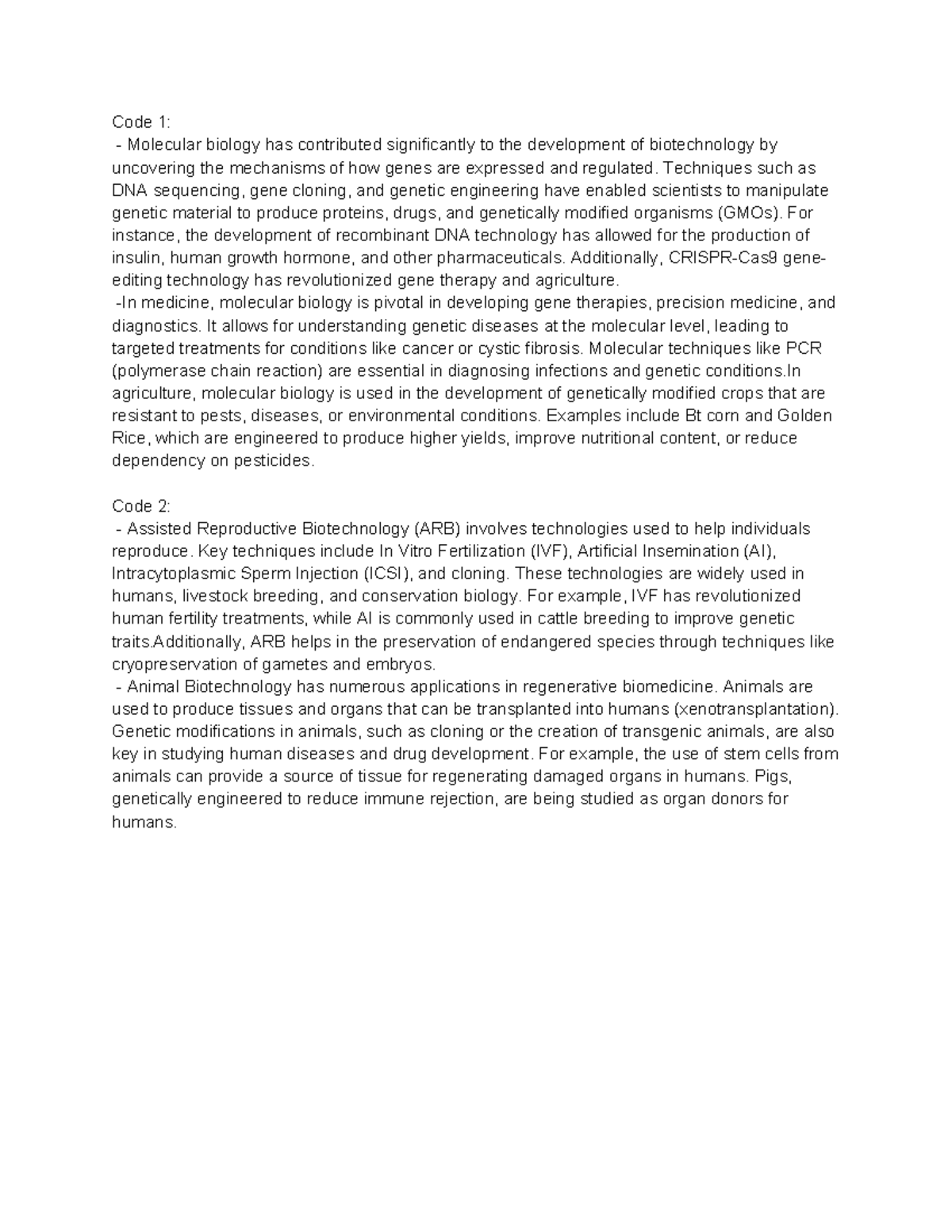 Biotechnology & Molecular Biology Midterm Review - Codes 1 & 2 - Studocu