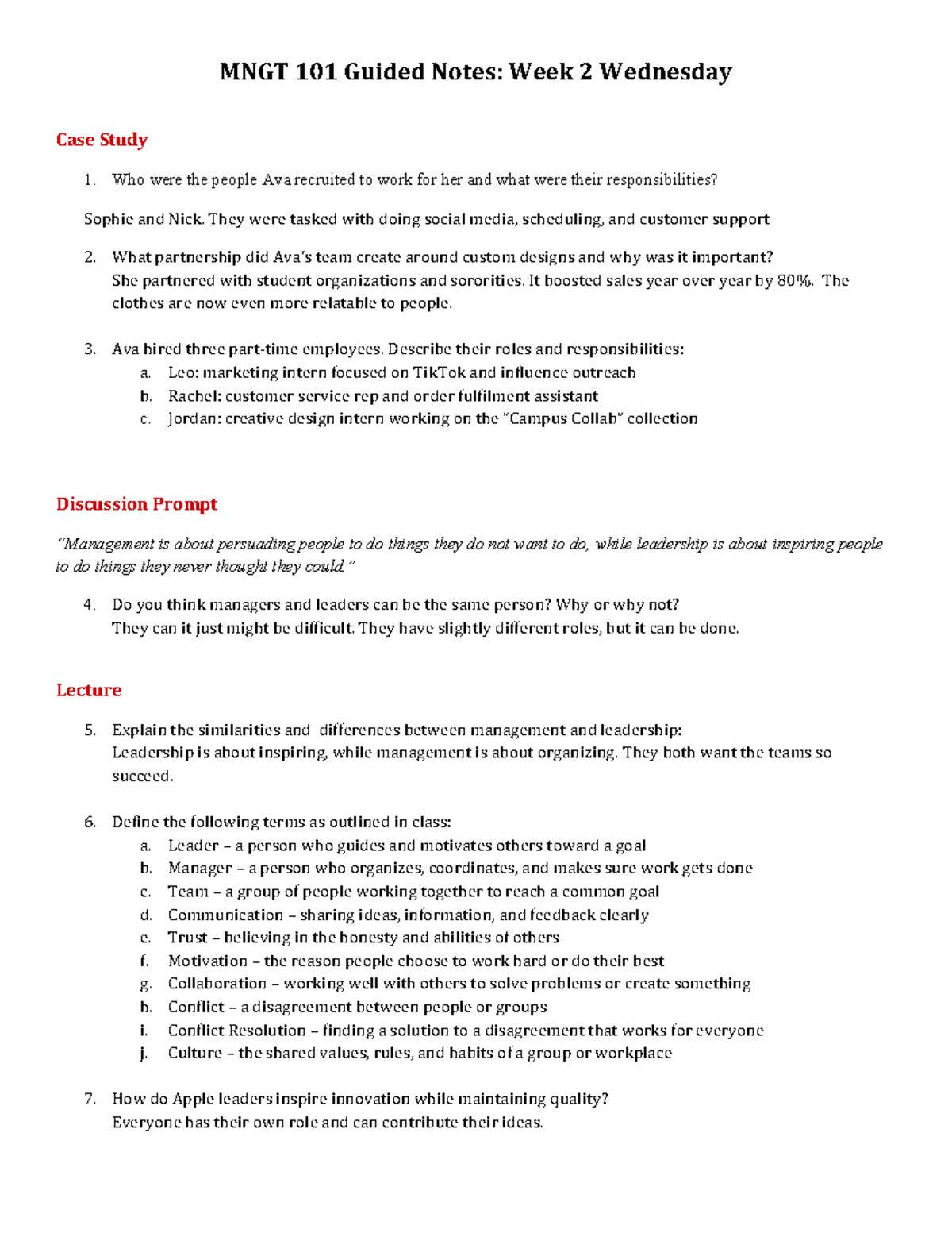 MNGT 101 Guided Notes: Week 2 Case Study & Leadership Insights - Studocu