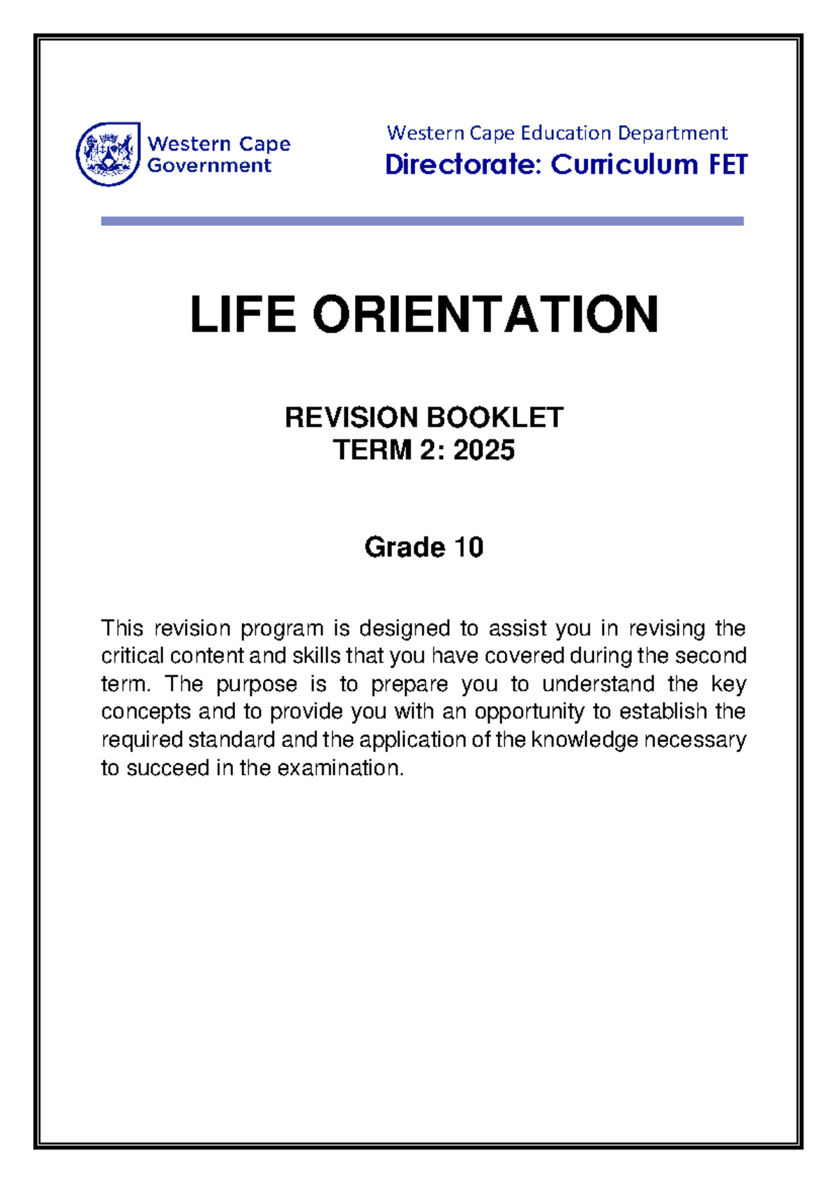 LO Revision Booklet 2025: Life Orientation Grade 10 Term 2 - Studocu