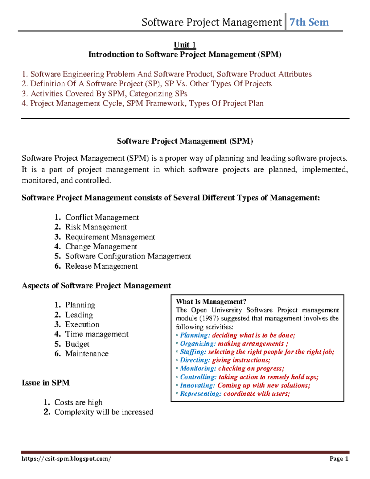 SPM 7th Sem Unit 1: Intro to Software Project Management Concepts - Studocu