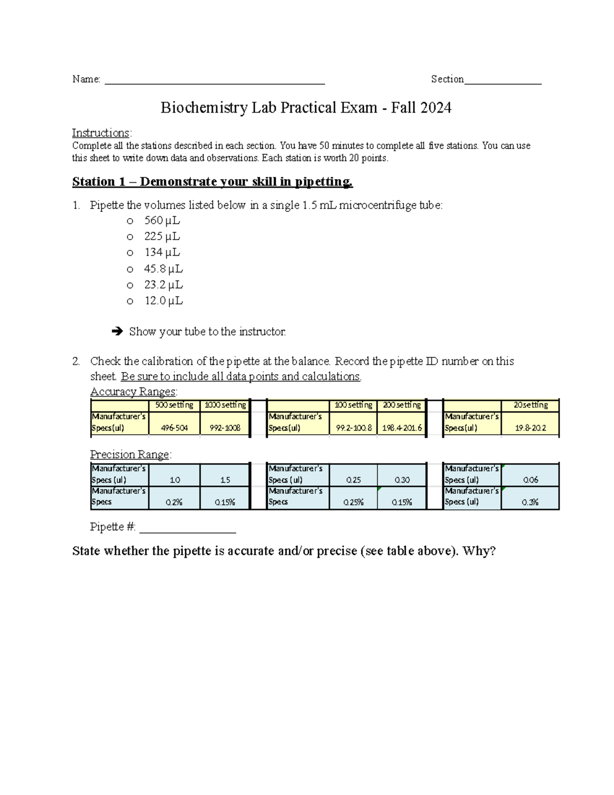 Biochemistry Lab Practical Exam (Fall 2024) Instructions & Stations ...