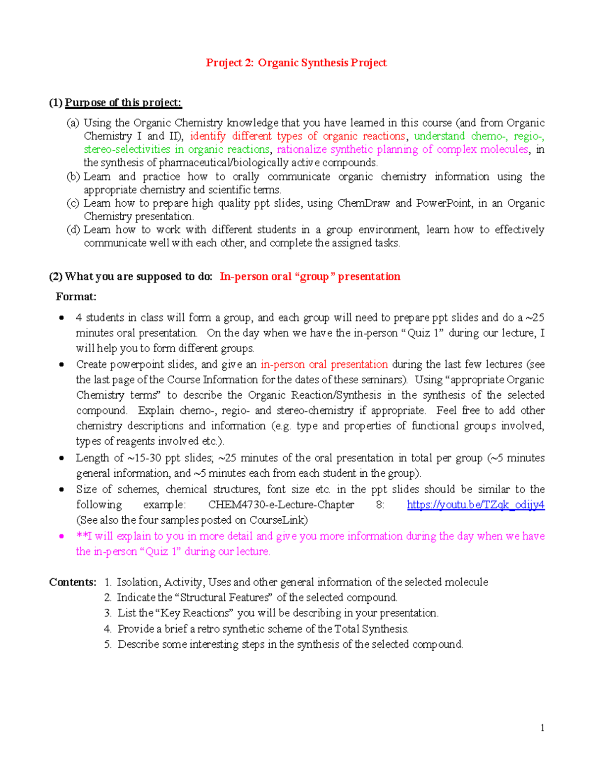 CHEM4730 - Project 2: Organic Synthesis Presentation Guidelines - Studocu