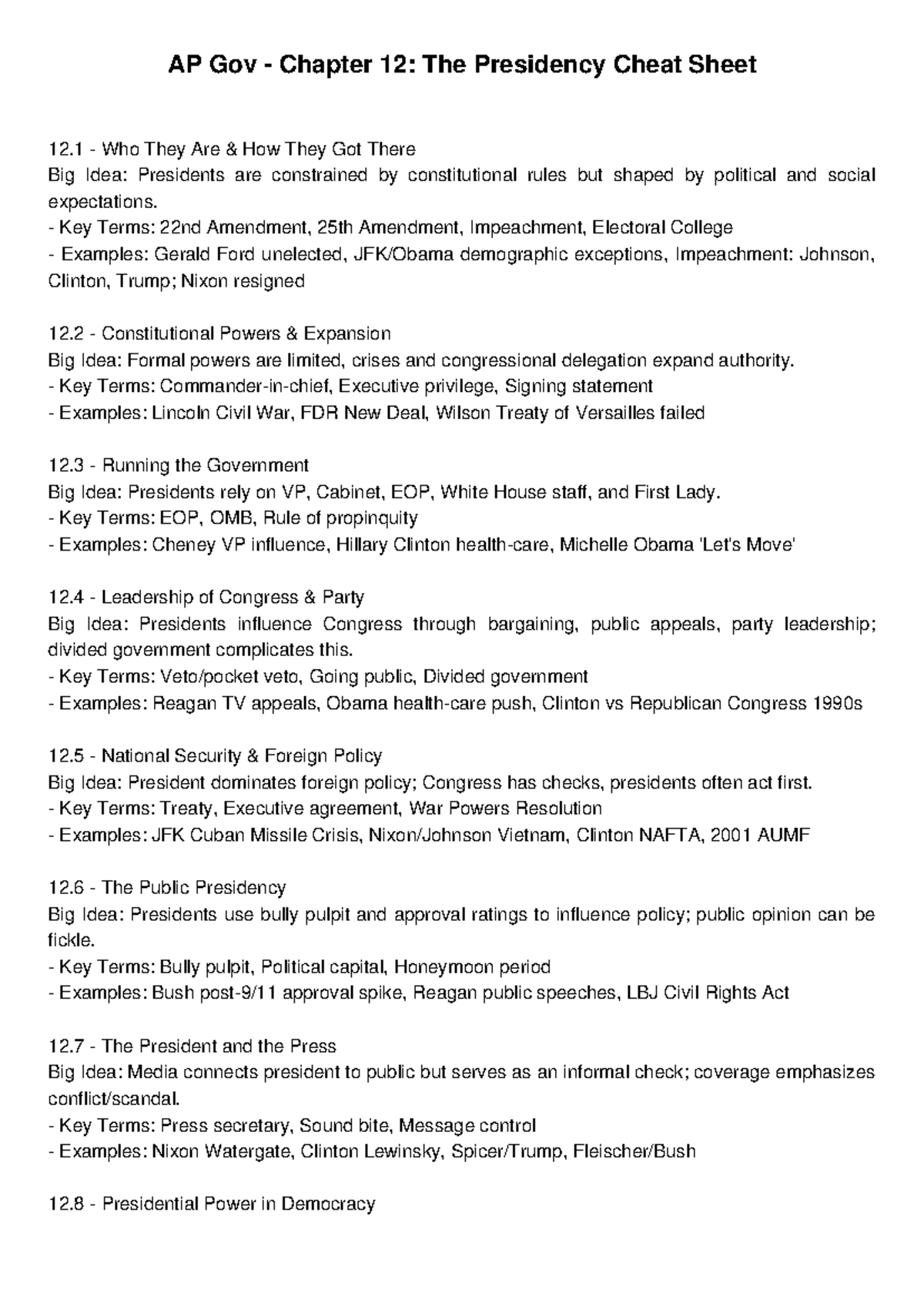 AP Gov Chapter 12: The Presidency Study Guide - Studocu