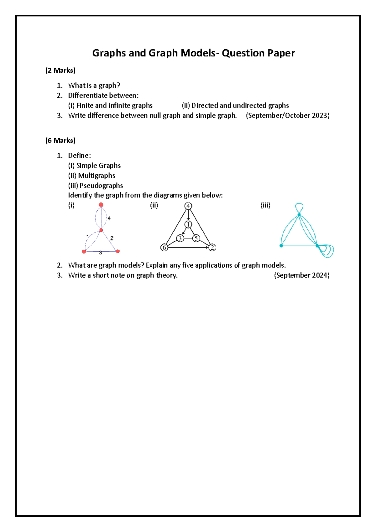 Graphs and Graph Models- Question Paper - What is a graph? 2 ...