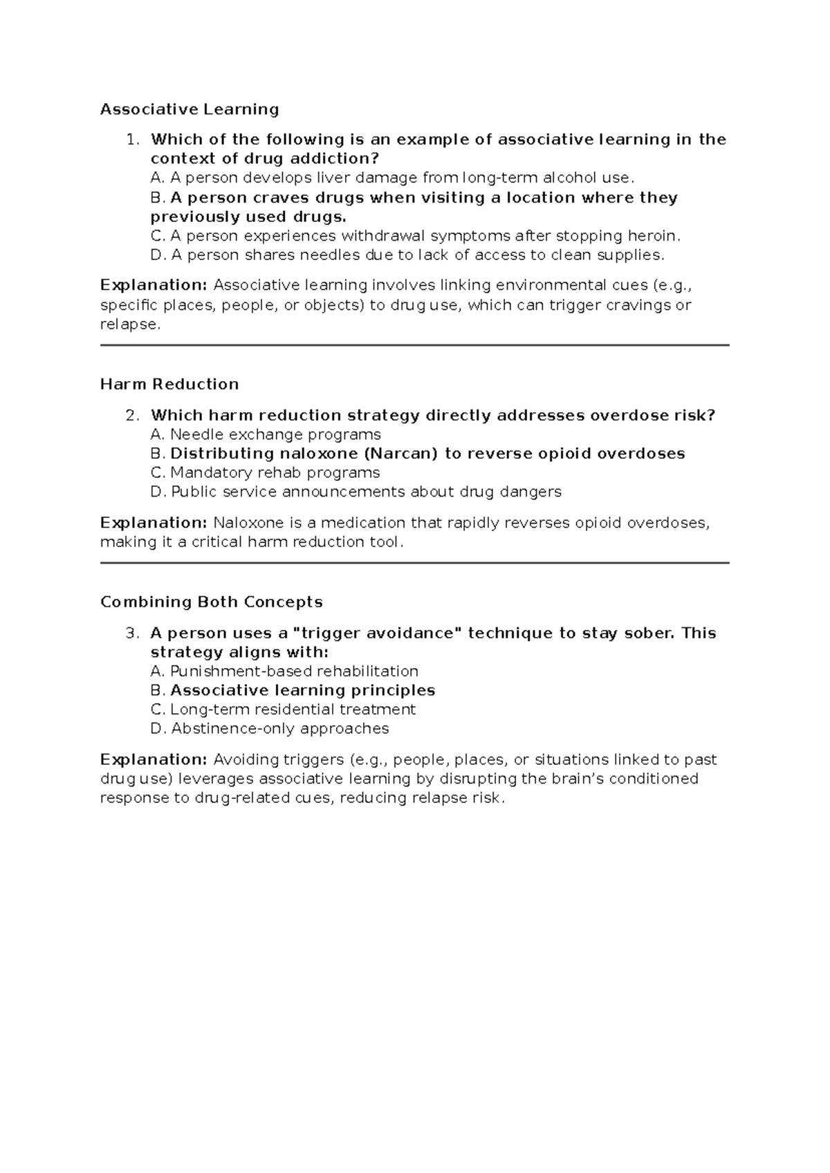 Multiple choice questions on associative learning and harm reduction ...