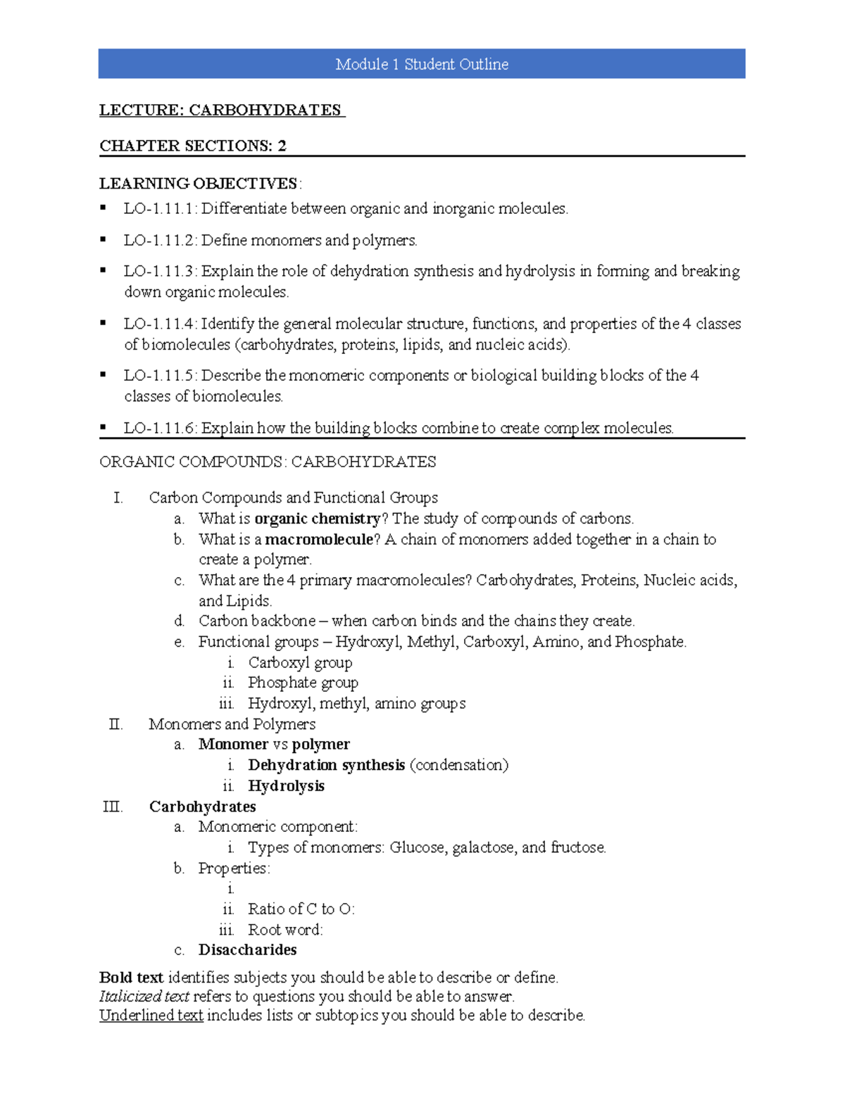 M1L10 Organic Chemistry Carbohydrates - LECTURE: CARBOHYDRATES CHAPTER ...