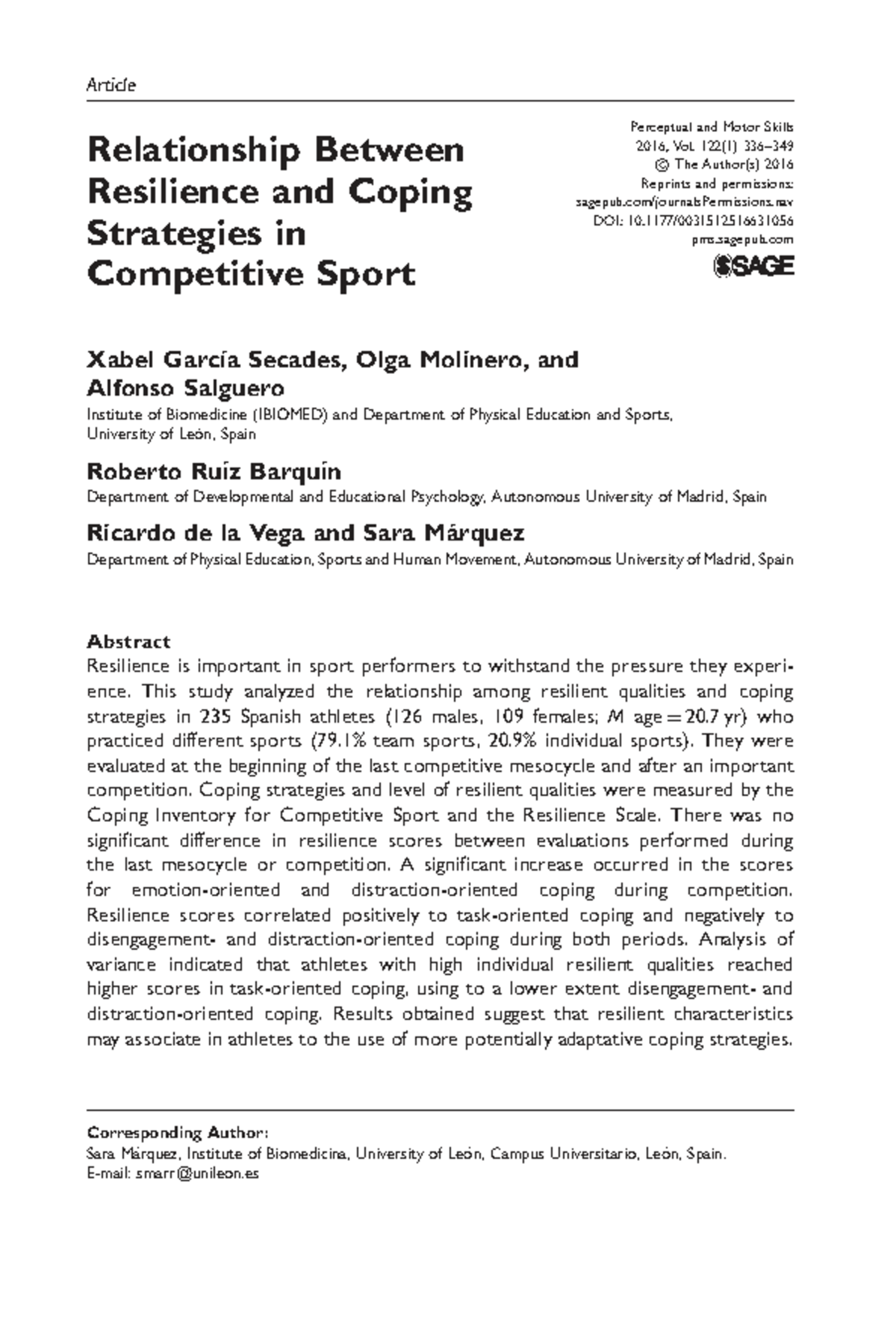 Relationship Between Resilience and Coping Strategies in Competitive ...