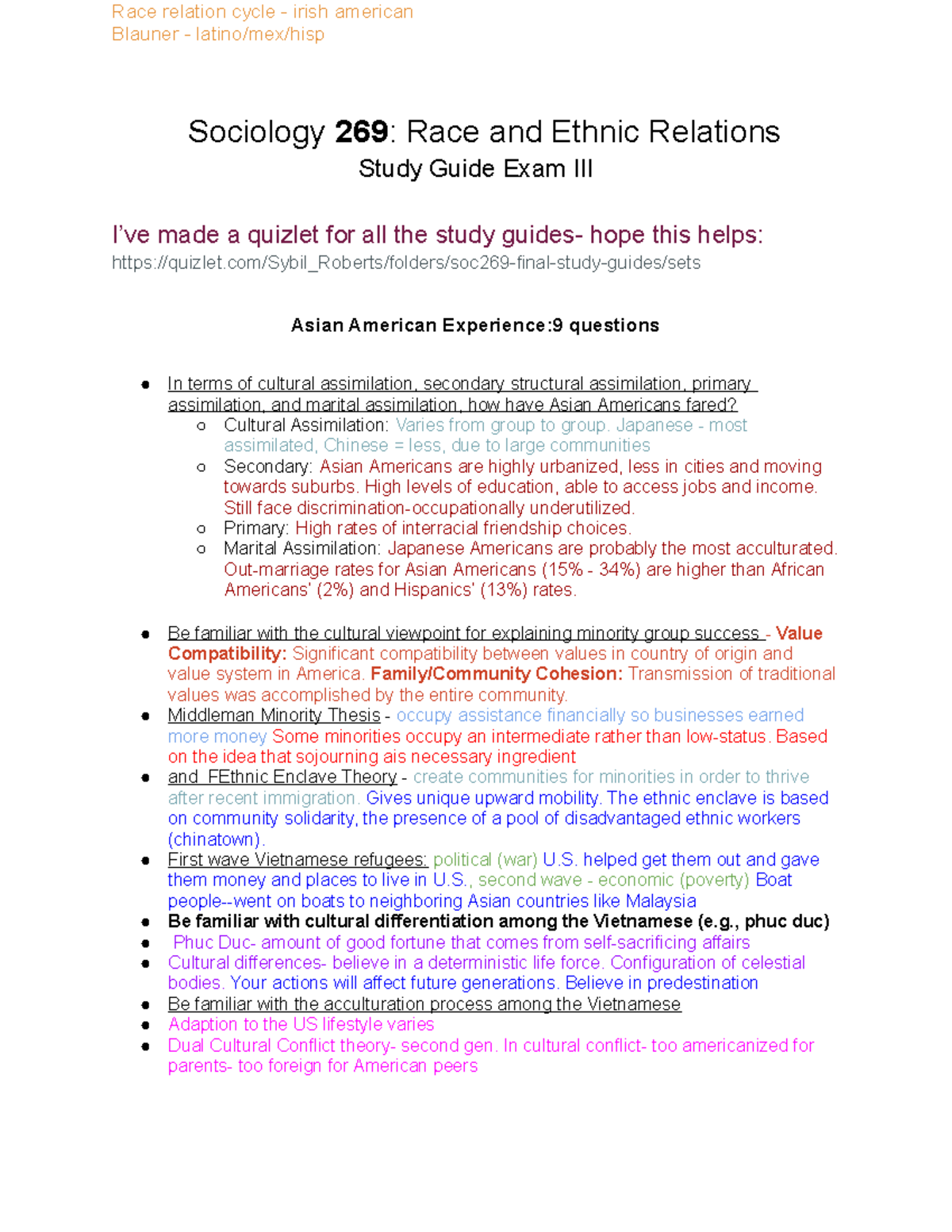 Sociology 269: Final Exam Study Guide - Race & Ethnic Relations ...