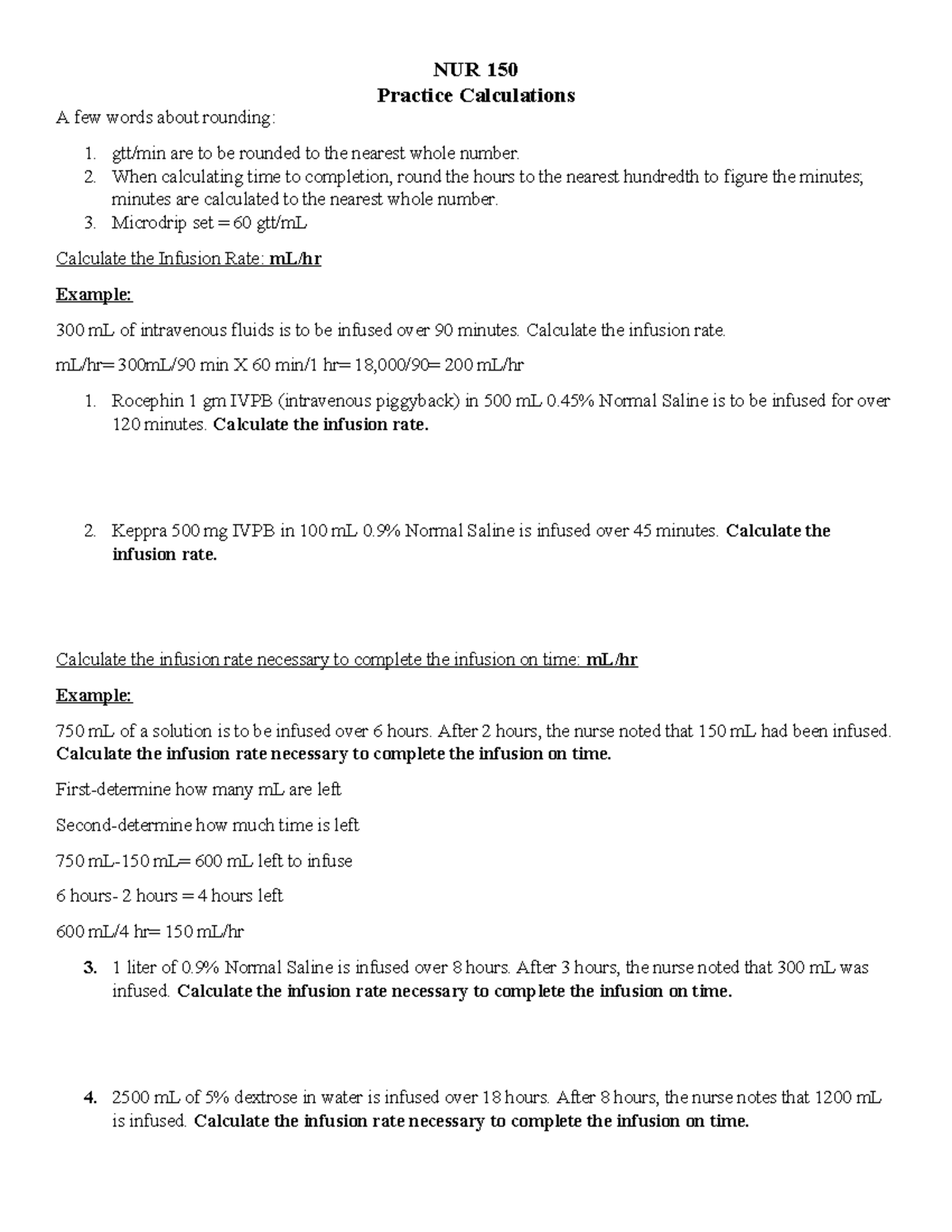 NUR 150 Practice Calculations: Rounding and Infusion Rates Guide - Studocu