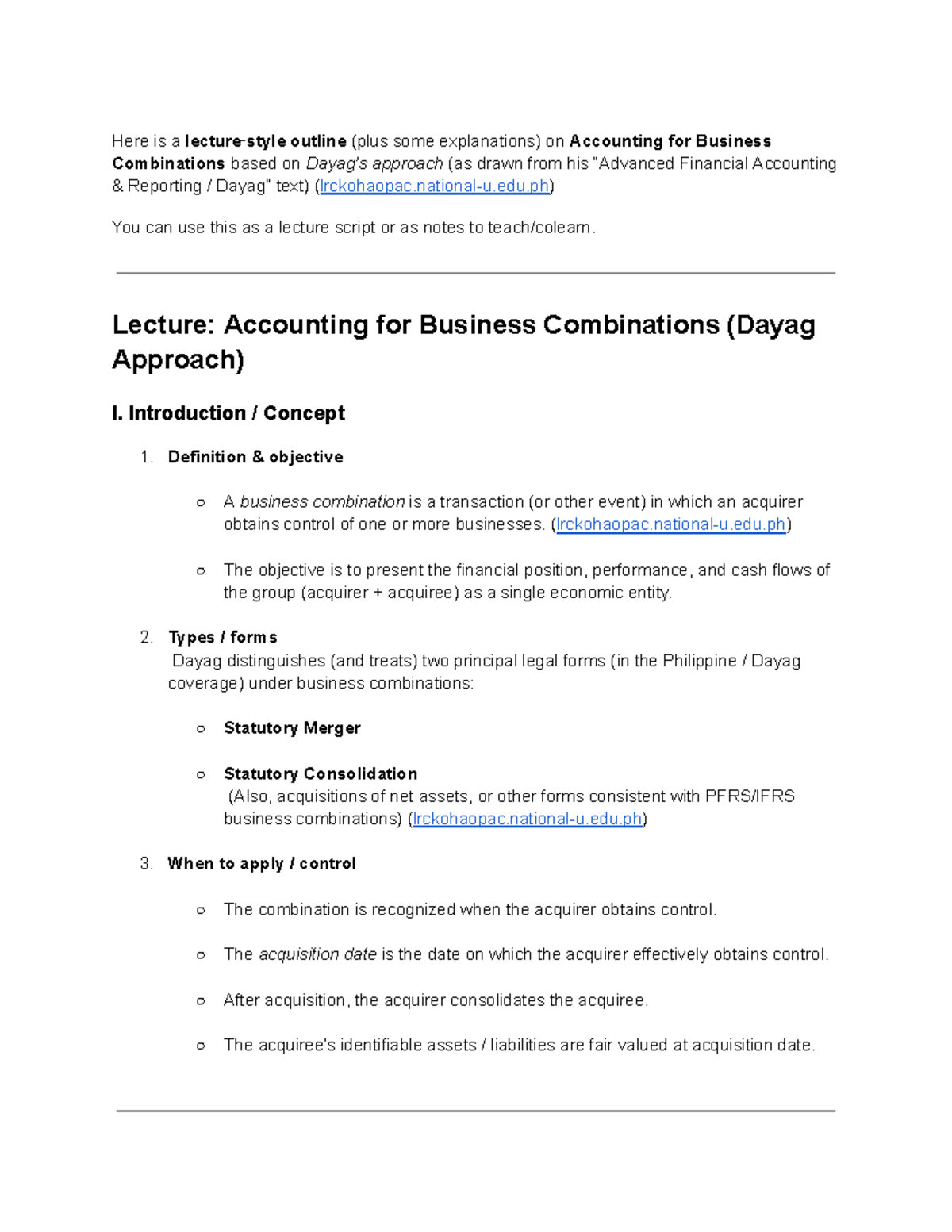 Lecture Notes: Accounting for Business Combinations (Dayag Approach ...