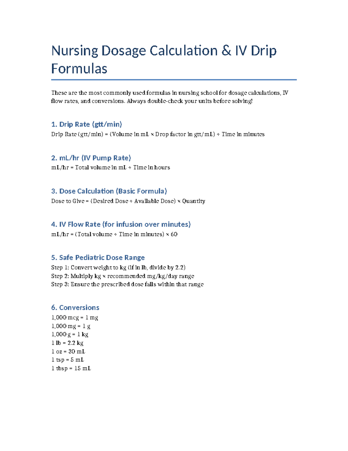Nursing Dosage Calculation Cheat Sheet for IV Drip Formulas - Studocu