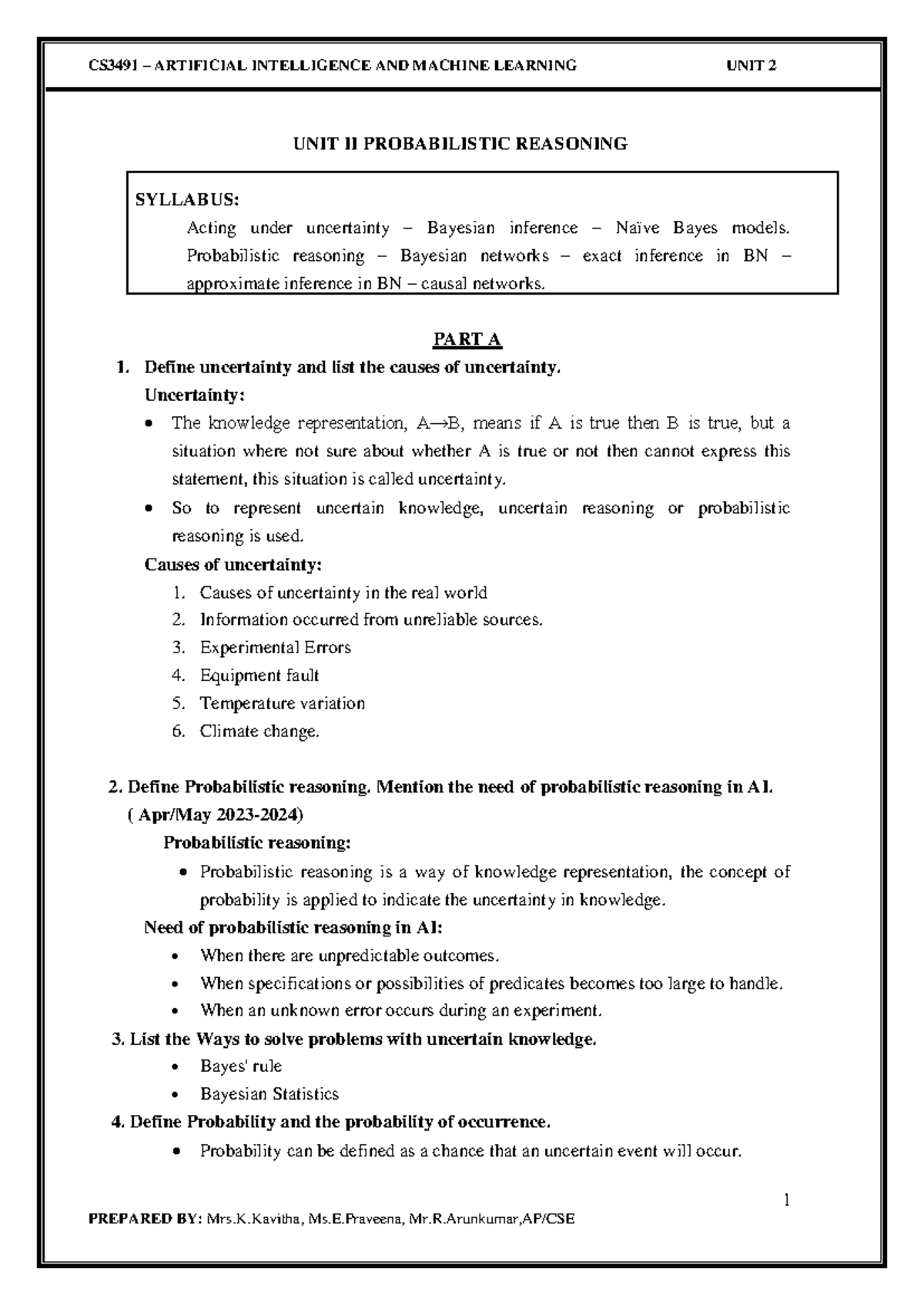 AIML UNIT 2: Probabilistic Reasoning and Bayesian Inference Notes - Studocu