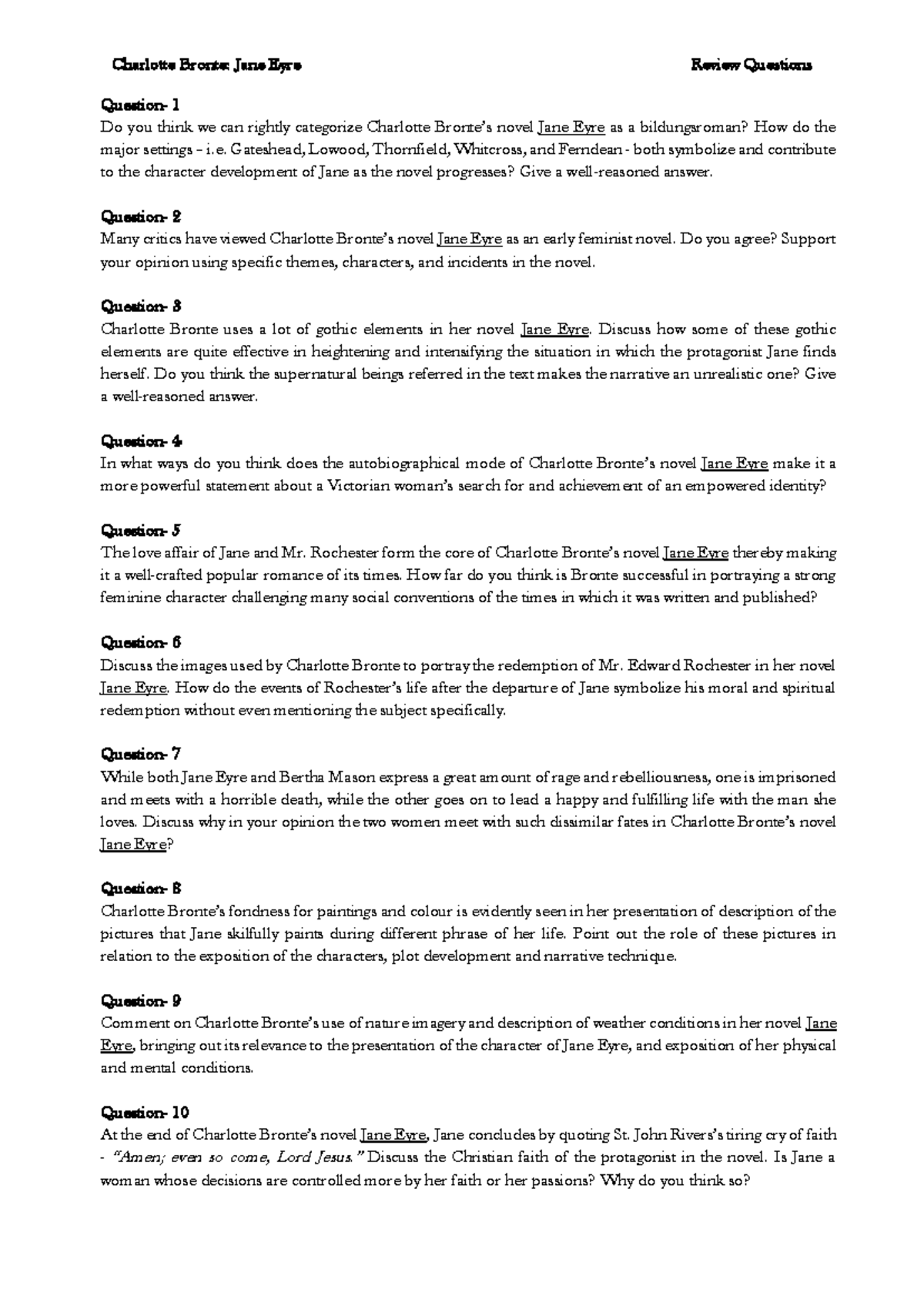 Charlotte Bronte: Jane Eyre - In-Depth Review Questions - Studocu