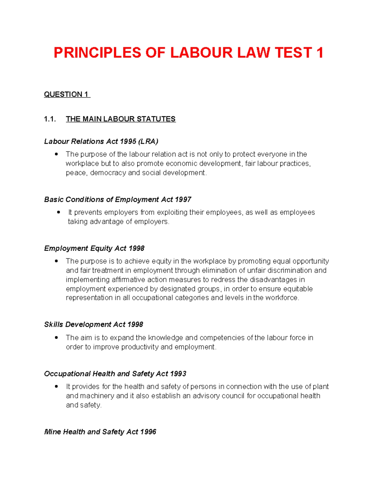 Principles of Labour Law Test 1 - Key Statutes & Employee Duties - Studocu