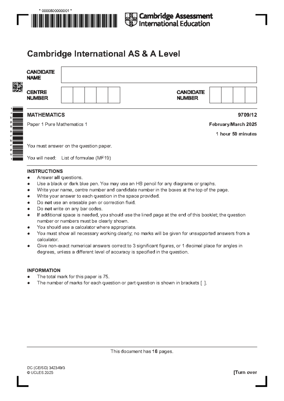 Cambridge International AS A Level 9709 Mathematics Paper 1 Pure Math ...