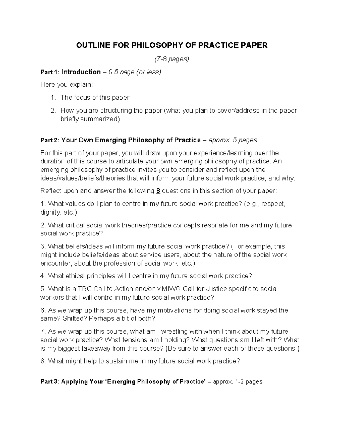 SOWK 3060 - Outline for Philosophy of Practice Paper (2025-26) - Studocu