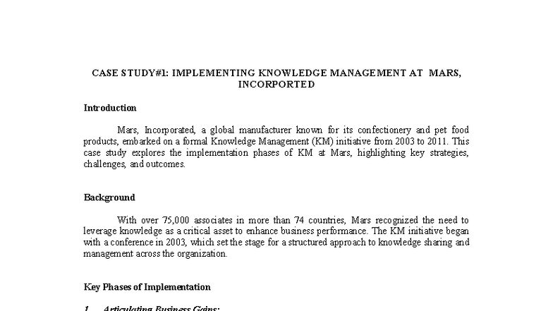 KM Group 3 - Case Studies on Knowledge Management Implementation - Studocu