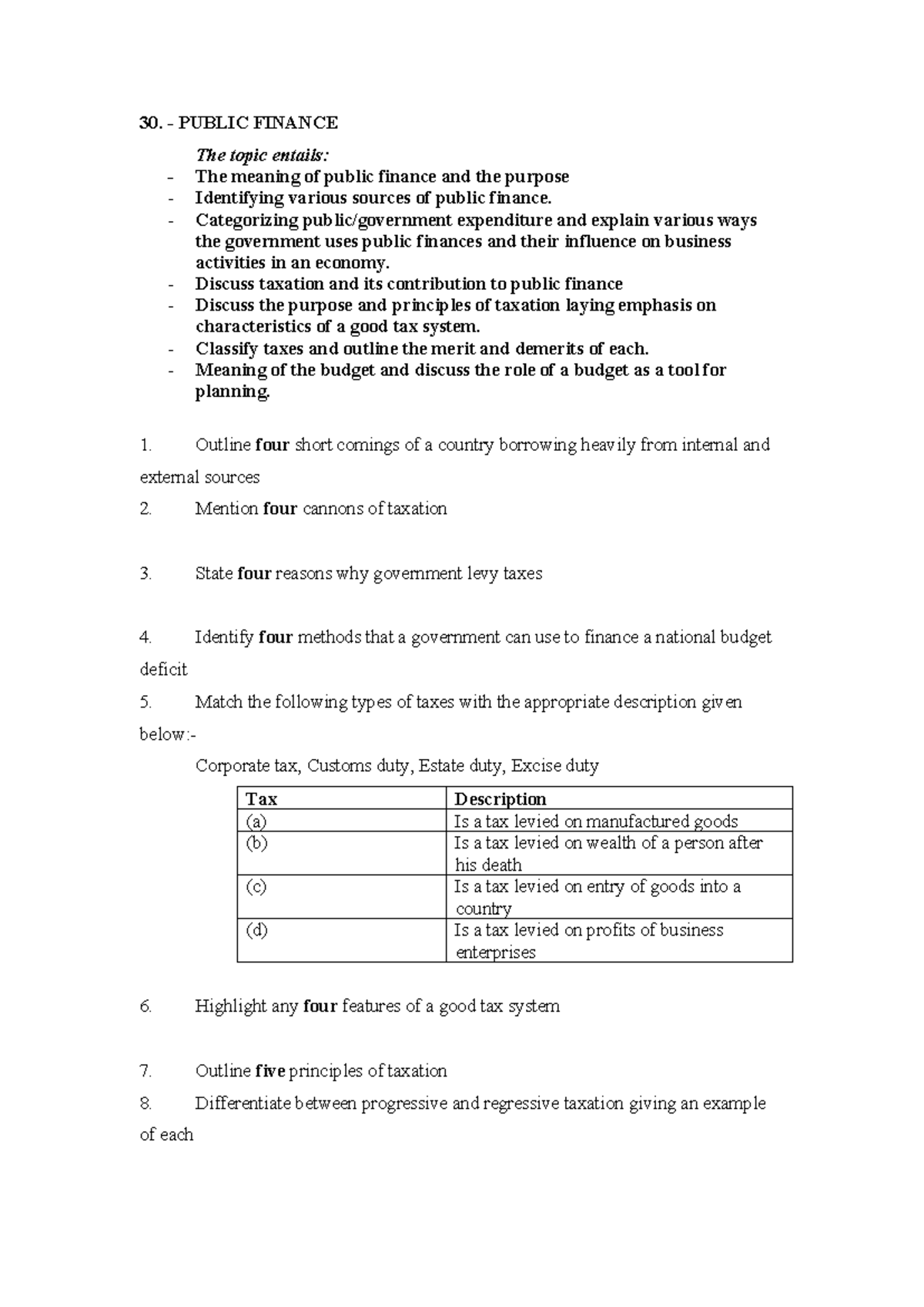 Public Finance Questions: Key Concepts and Taxation Principles - Studocu