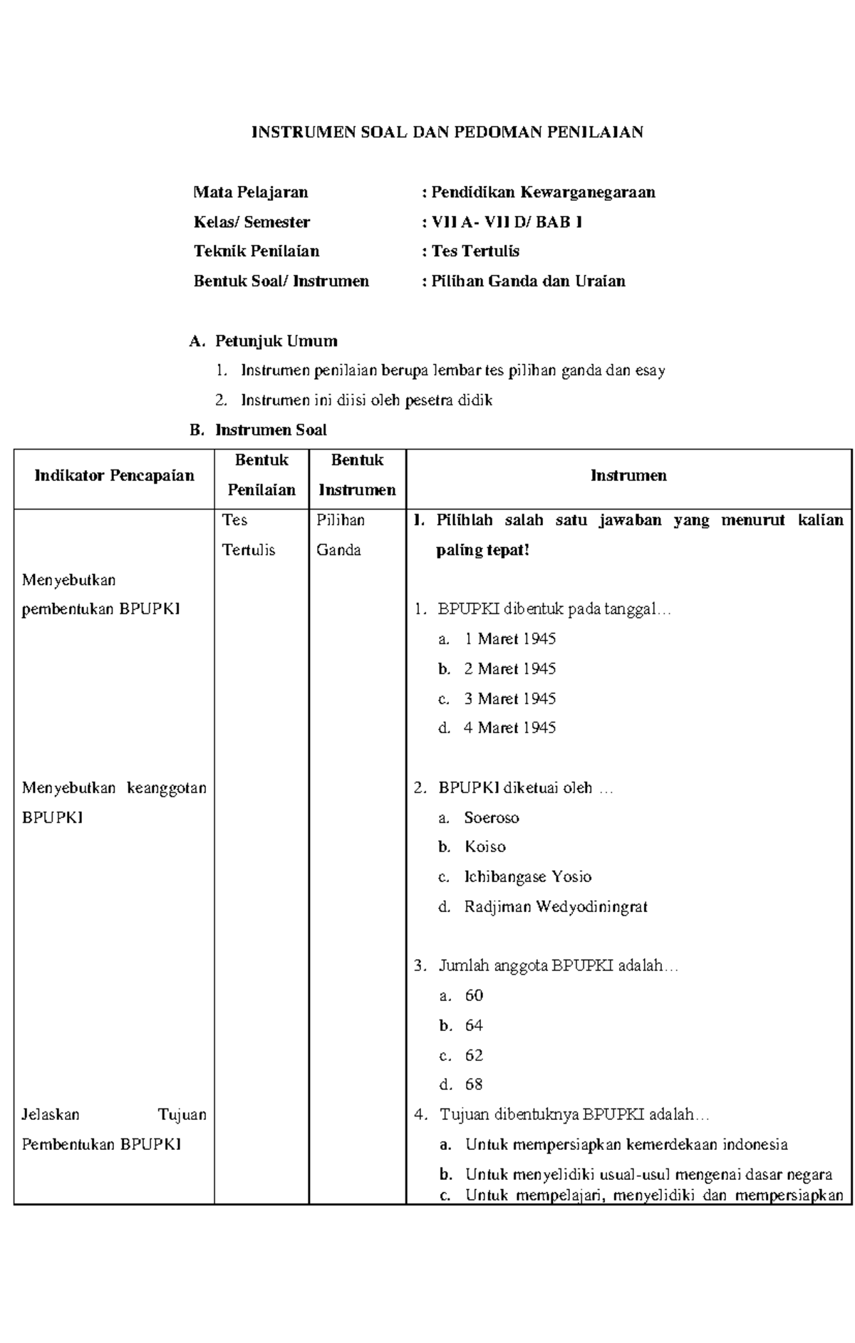Instrumen SOAL DAN Pedoman Penilaian - INSTRUMEN SOAL DAN PEDOMAN ...