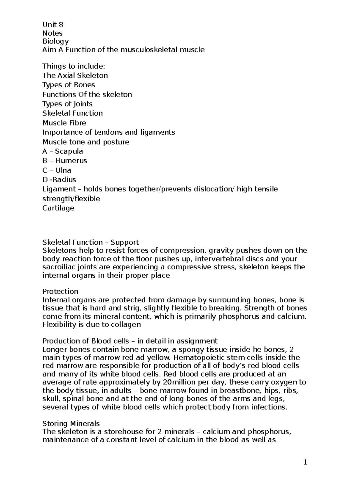 Unit 8 Biology Notes: Musculoskeletal System Functions and Structure ...