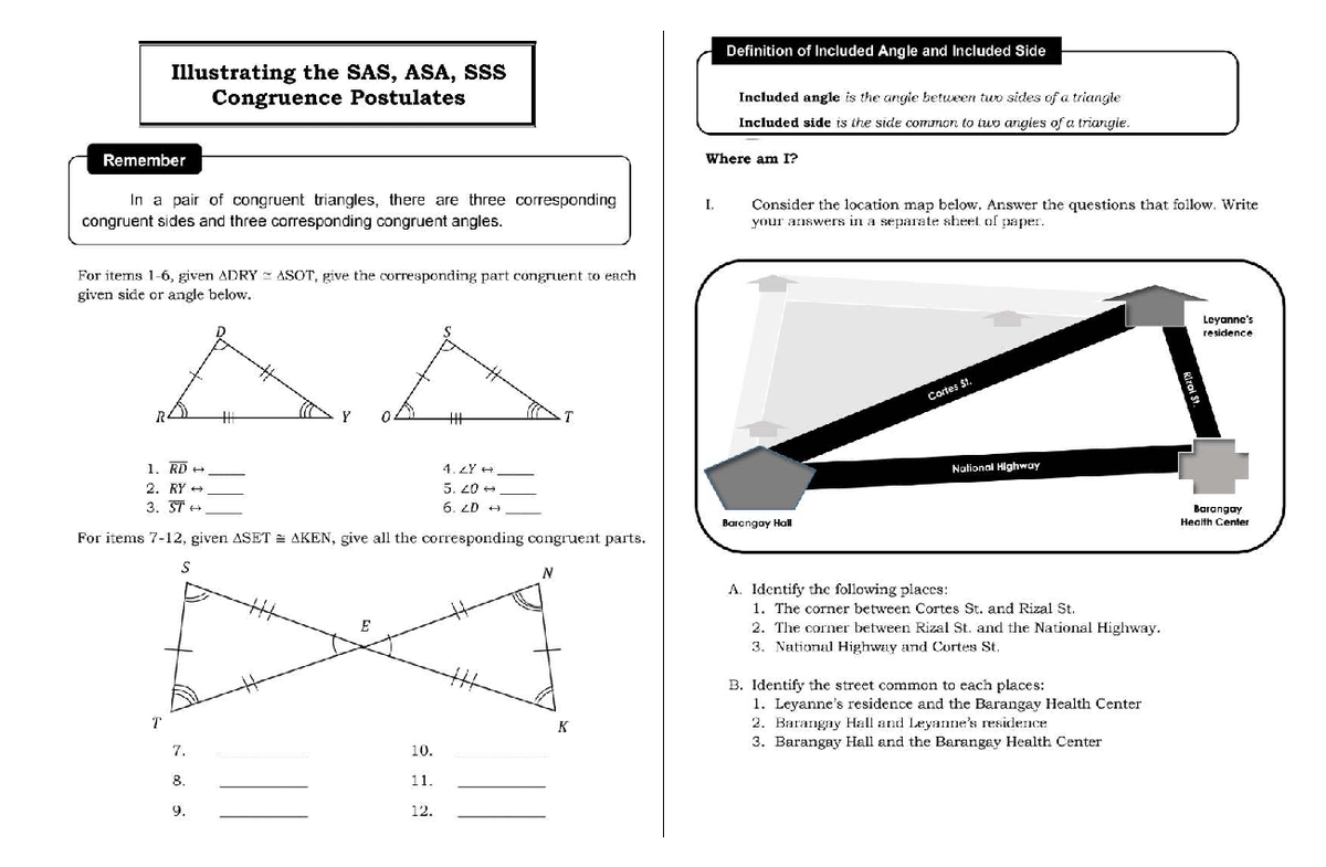 SSS, SAS, ASA Congruence Postulates - Lesson Plan Notes - Studocu