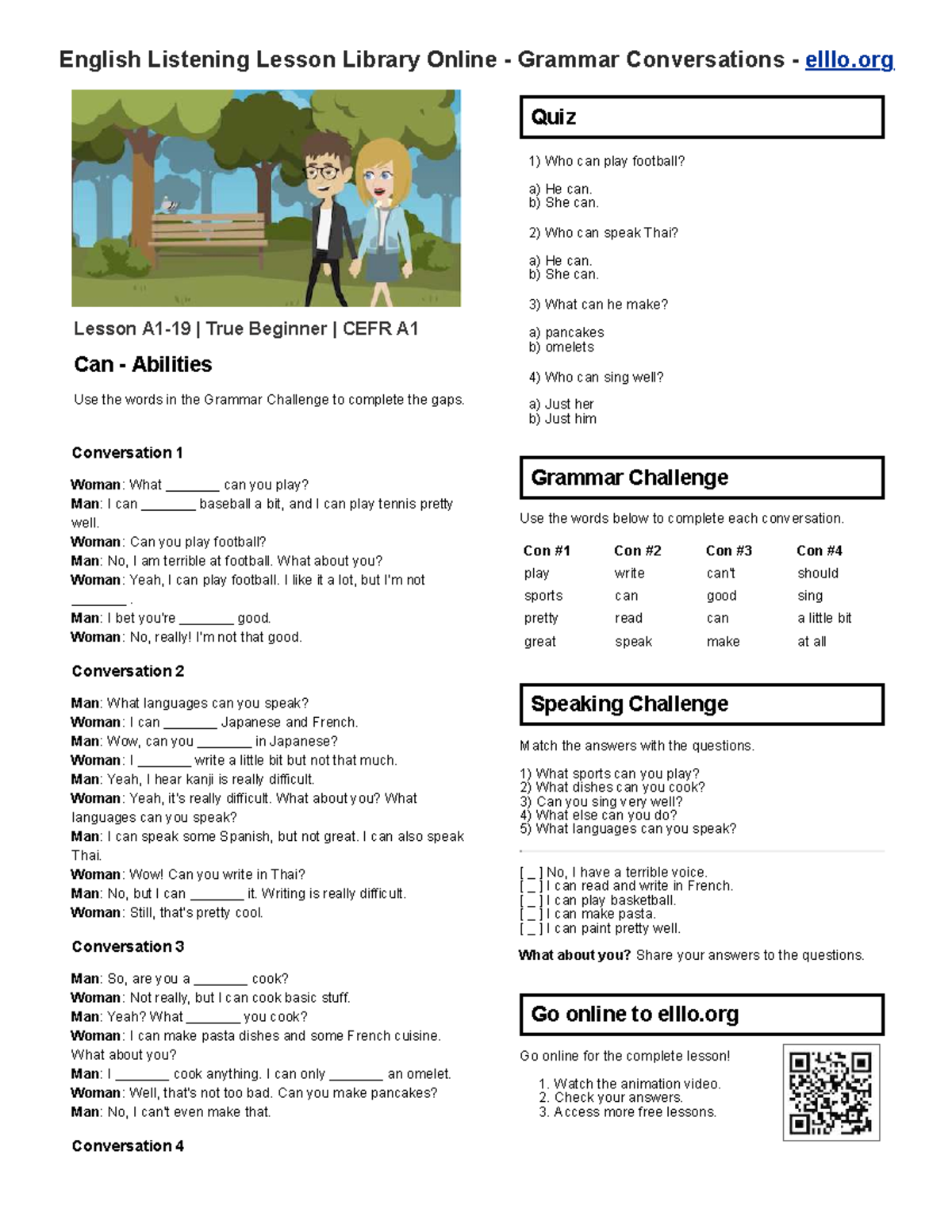 English Listening Lesson: CEFR A1 Can Abilities Quiz 1 - Studocu