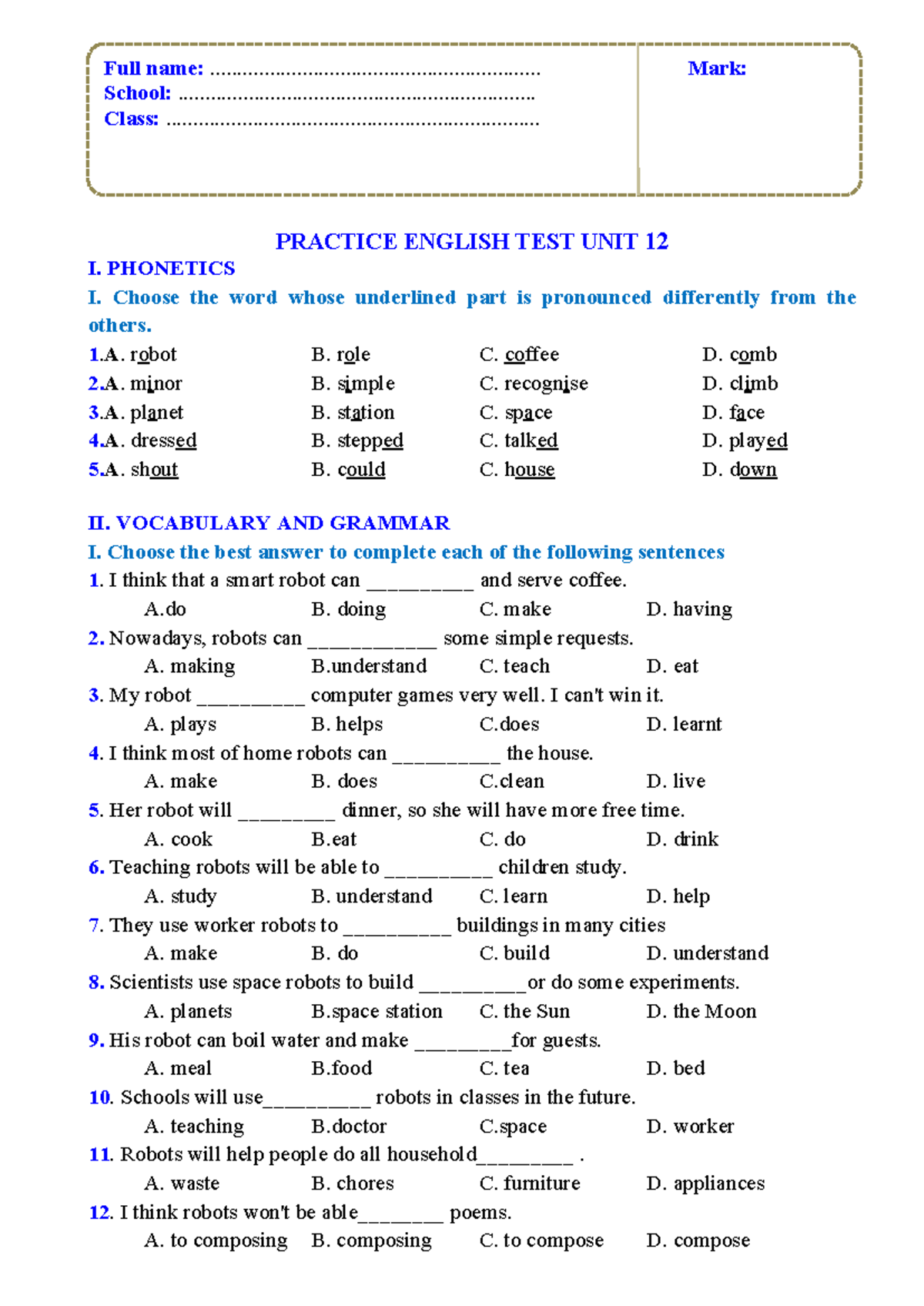 TA 6 Global Practice Test - Unit 12: Phonetics & Vocabulary - Studocu