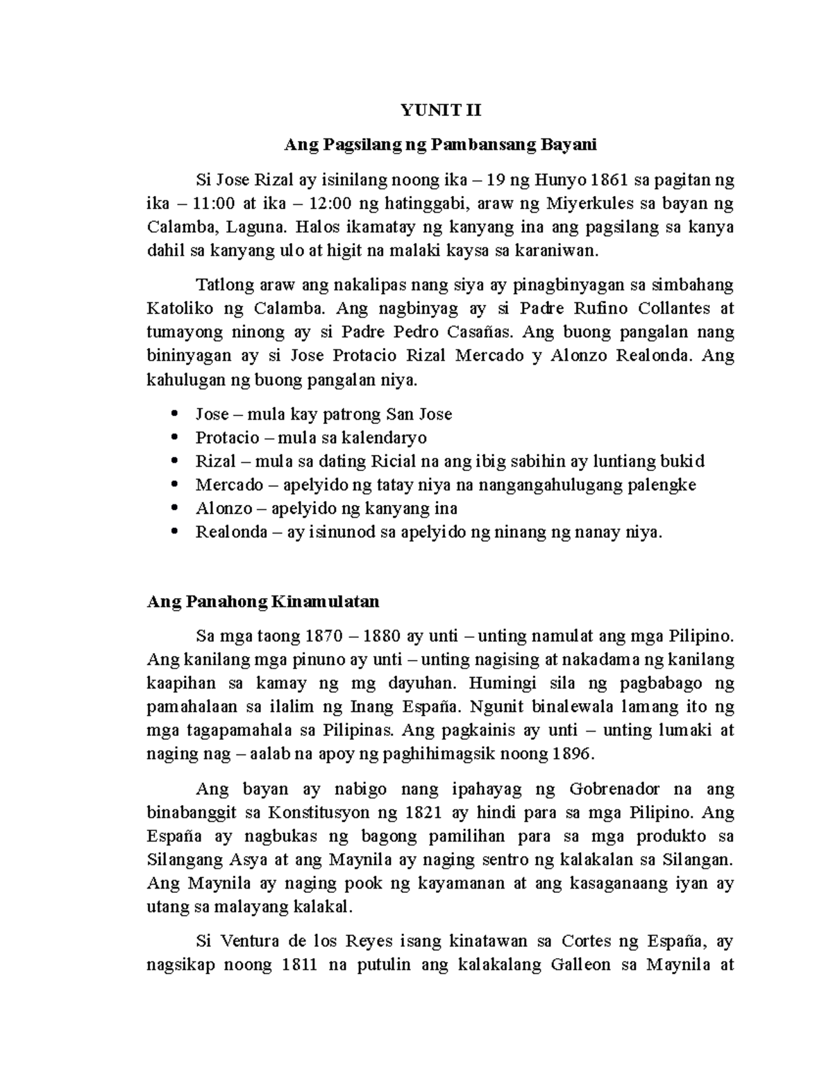 Yunit II: Ang Pagsilang at Kabataan ni Jose Rizal - Pambansang Bayani ...