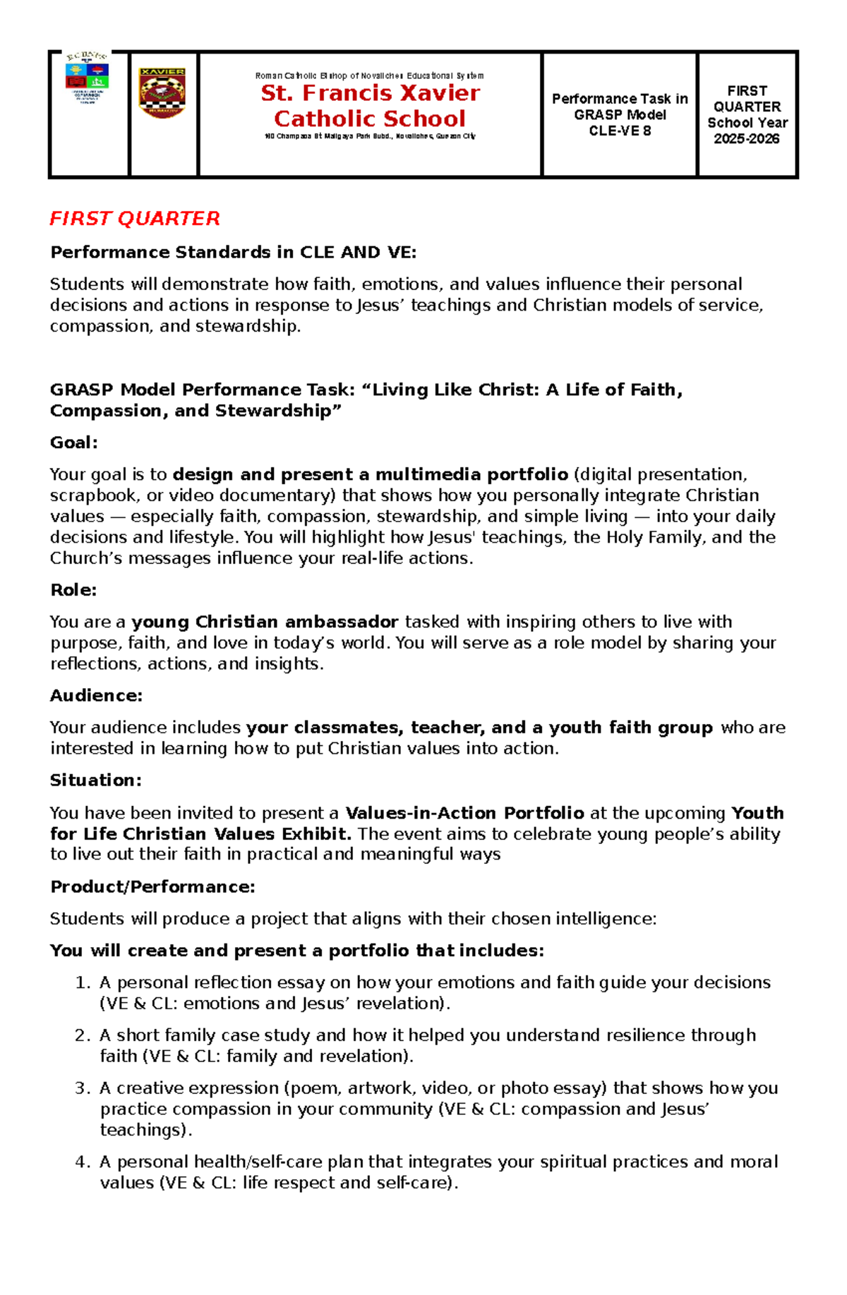 1st Quarter Performance Task in GRASP Model for Grade 8 - Studocu