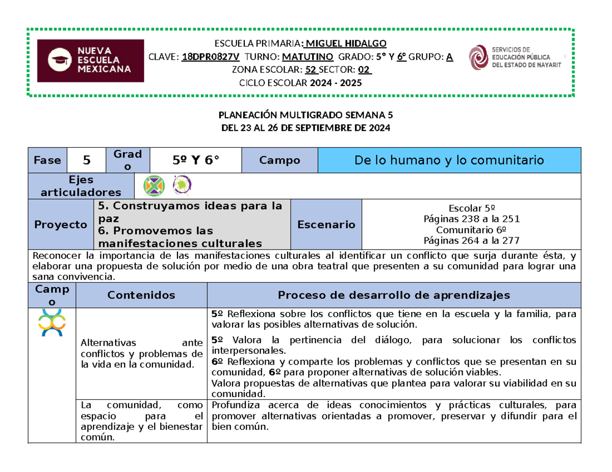 Planeación Multigrado 5º y 6º - Semana 5 (23-26 Sept 2024) - Studocu