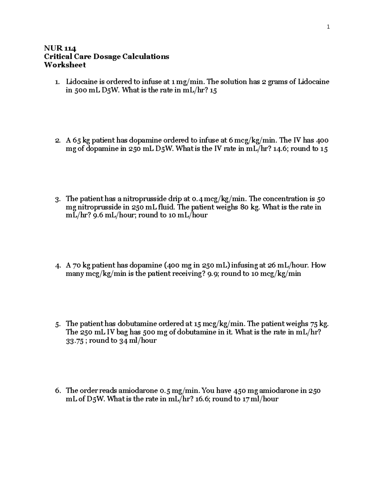 NUR 114 Critical Care Dosage Calculation Worksheet - Studocu