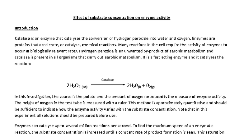 Enzyme Activity and Substrate Concentration: A Study on Catalase - Studocu