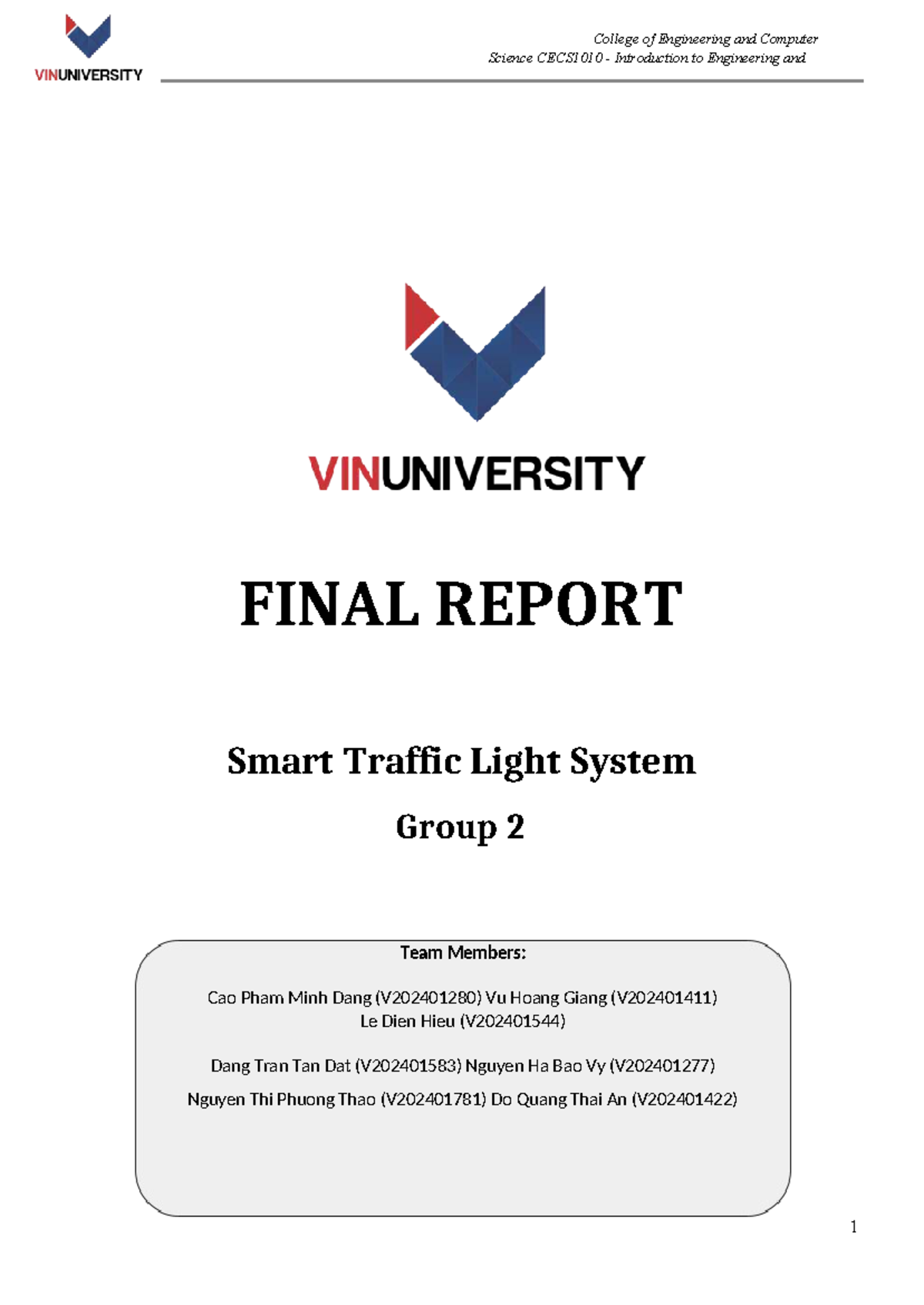 CECS1010 Final Report: Smart Traffic Light System by Group 2 - Studocu