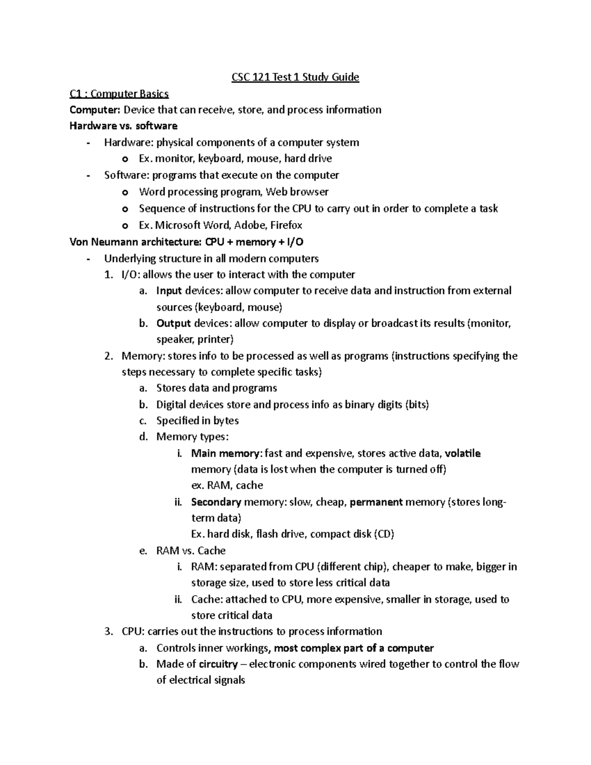 CSC 121 Test 1 Study Guide - CSC 121 Test 1 Study Guide C1 : Computer ...