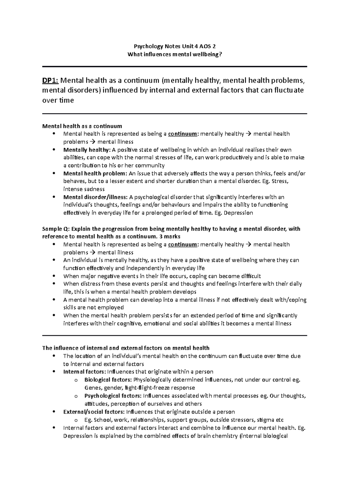 Psychology Notes Unit 4 AOS 2: Mental Wellbeing Factors & Influences ...