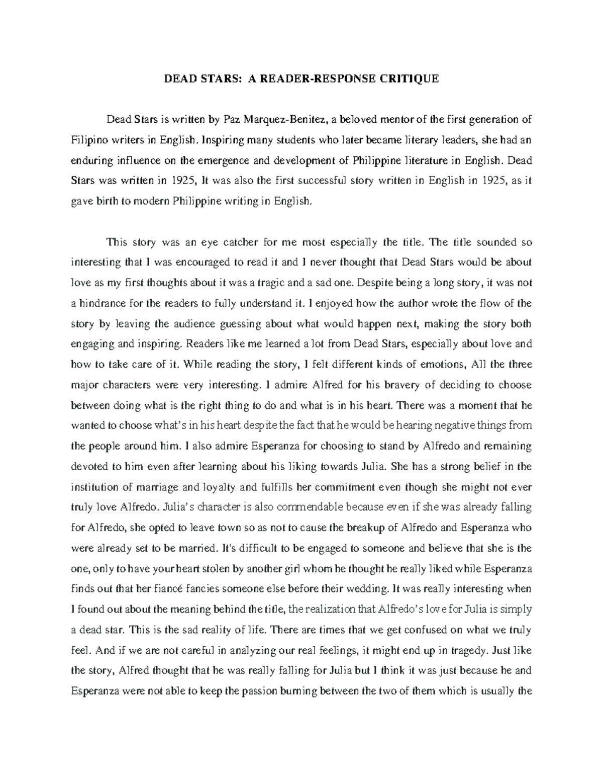 DEAD STARS: An Analysis of Love and Commitment in Literature - Studocu