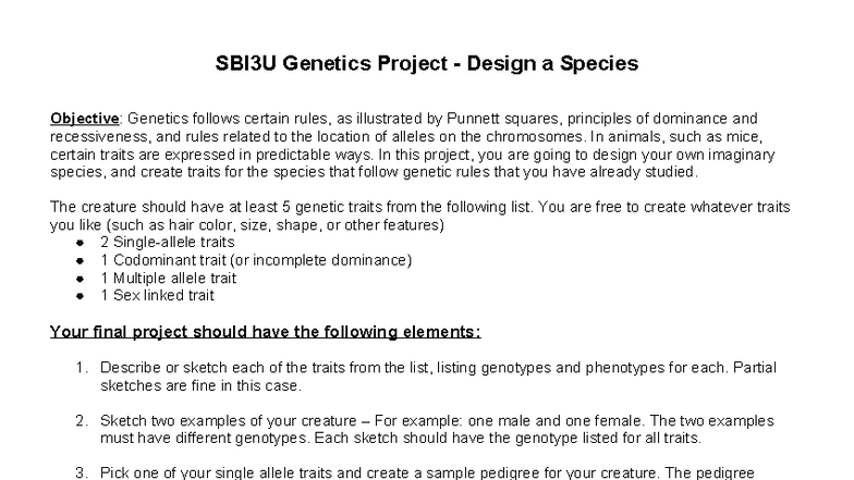 SBI3U Genetics Project: Designing an Imaginary Species with Traits ...