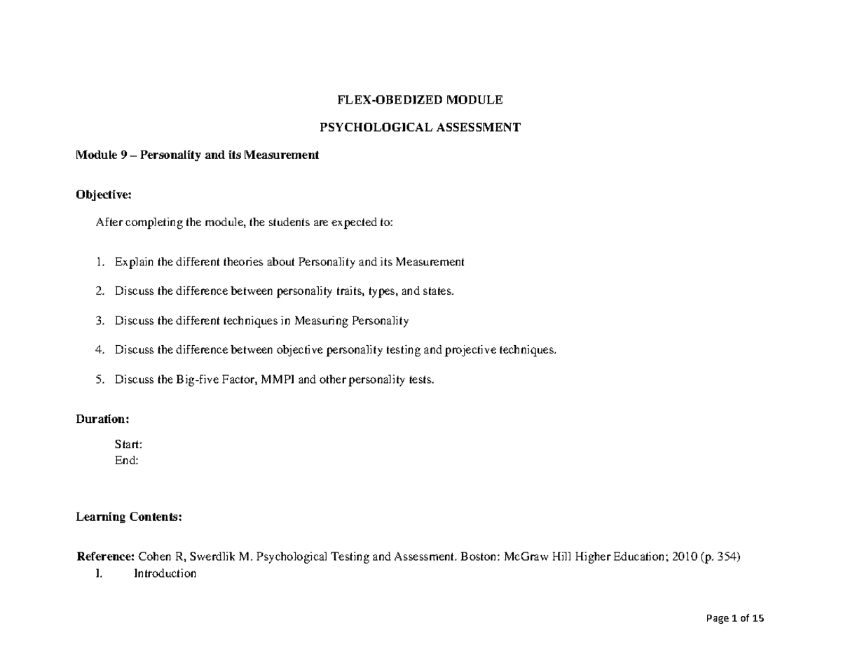 Module 9 - Personality - These are lecture notes in Psychological ...