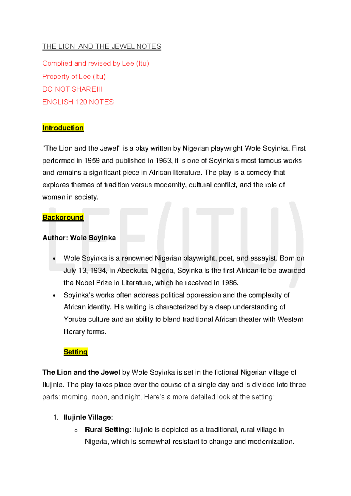 ENGLISH 120: The Lion and the Jewel Study Notes - Studocu