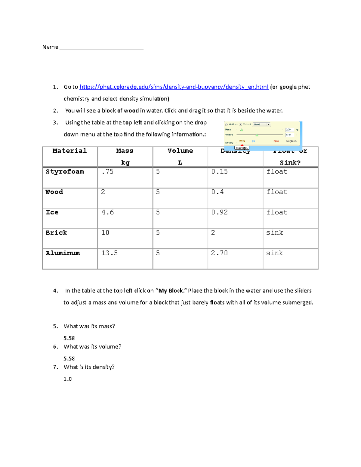 Online Density Lab (PHET Simulation) - Understanding Float & Sink - Studocu