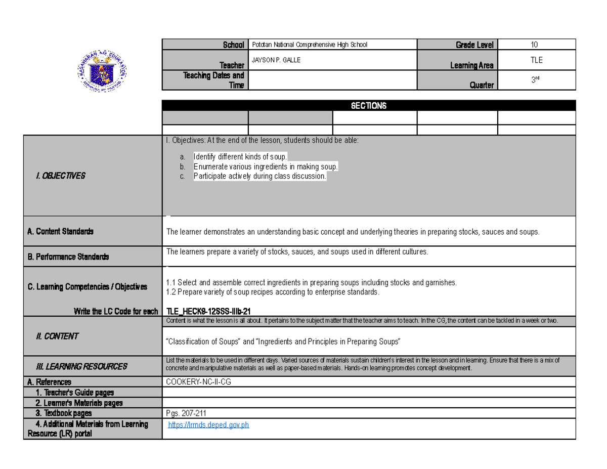 TLE Lesson Plan: Exploring Different Kinds of Soup - Grade 10 - Studocu