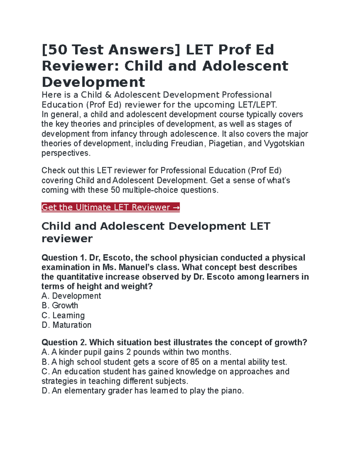 Child & Adolescent Development LET Reviewer for Prof Ed Exam - Studocu