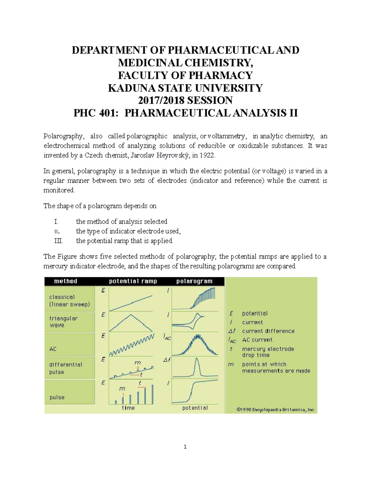 PHC 401 - Polarography Lecture Notes on Electrochemical Analysis - Studocu
